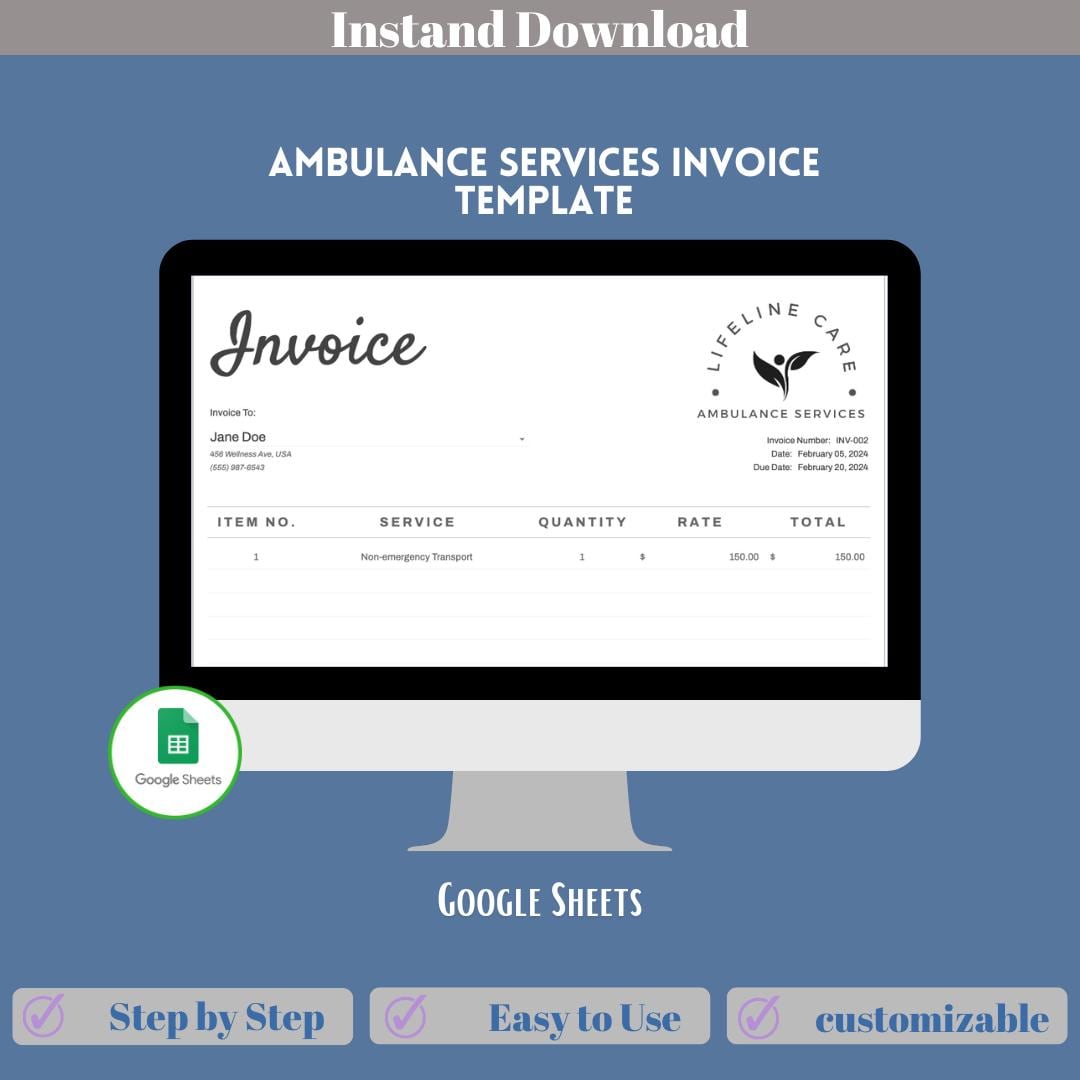 Ambulance Services Invoice Template, Editable Digital Download, Google ...