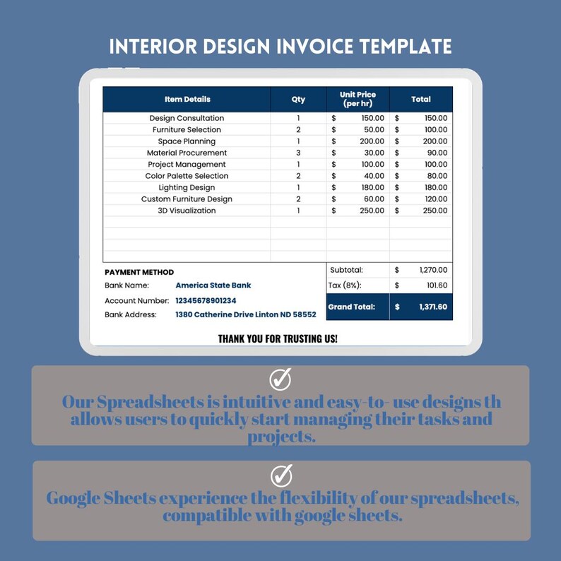 Interior Design Invoice Template, Editable Google Sheets, Customizable ...