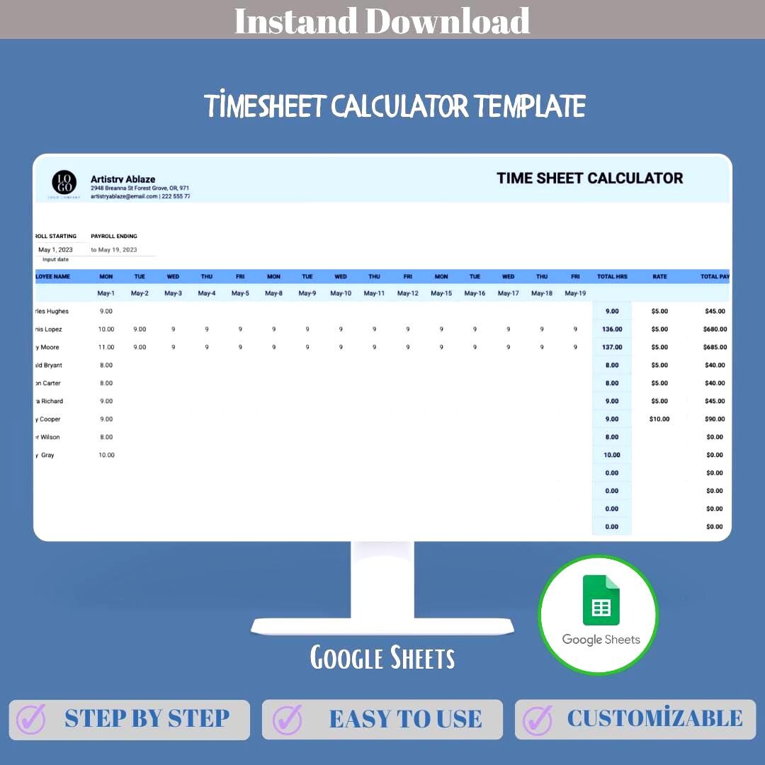 Timesheet Calculator for Small Business, Google Sheets Template to ...
