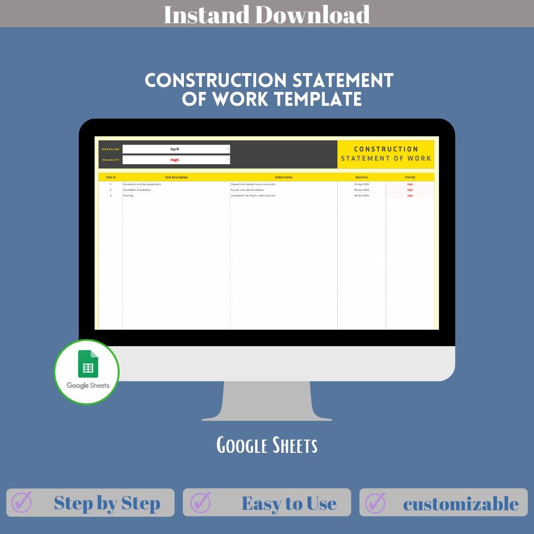 Construction Statement of Work Template, Digital Download, Editable ...