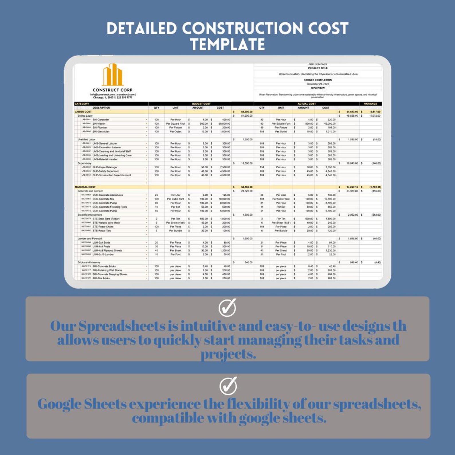 Detailed Construction Cost Tracker Google Sheets Construction Budget ...