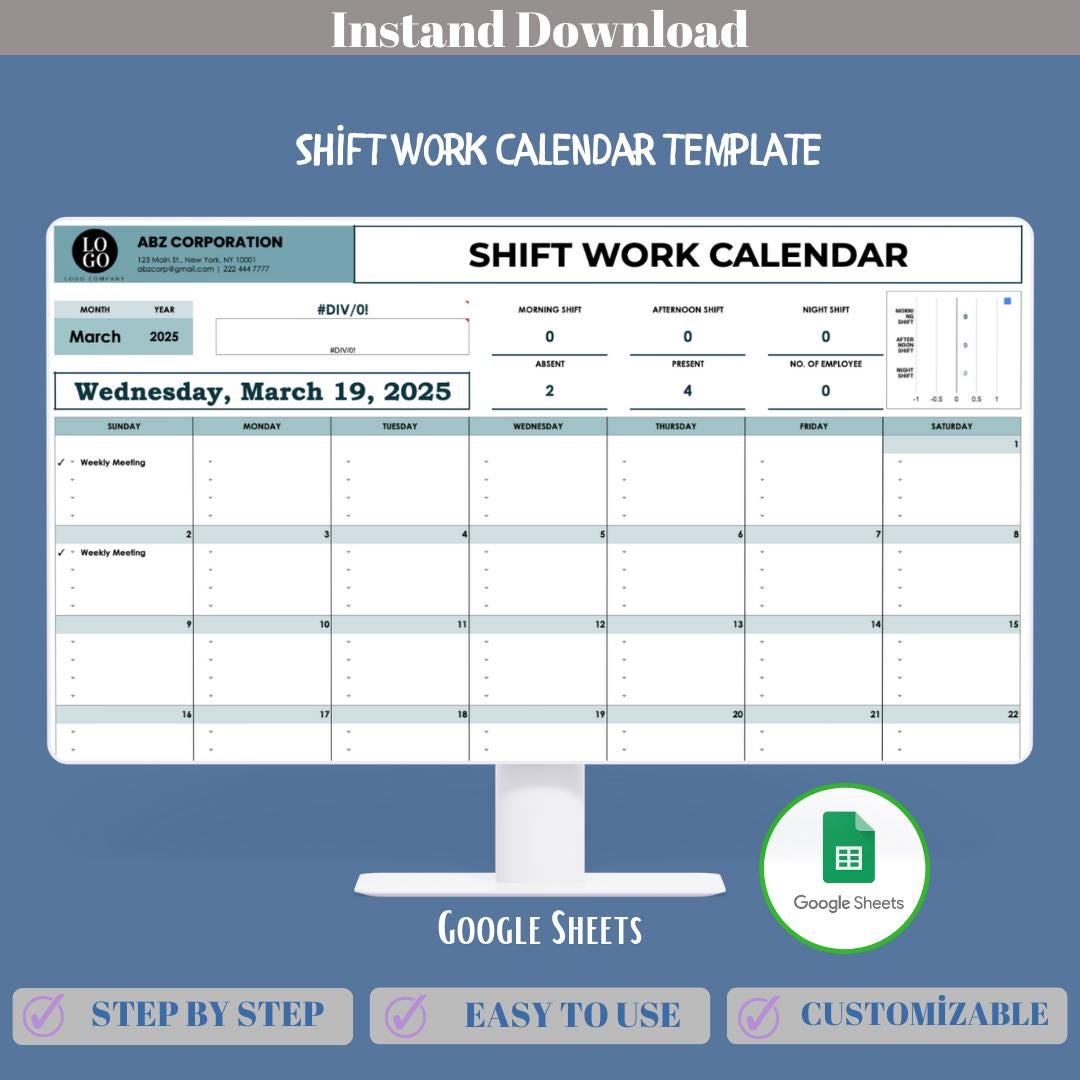 Shift Work Calendar for Small Business, Google Sheets Employee ...