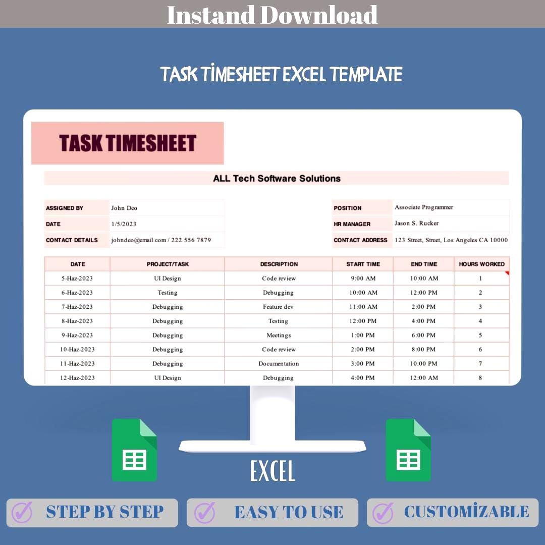 Task Timesheet Excel Template, Track Work Hours, Monitor Task Durations ...