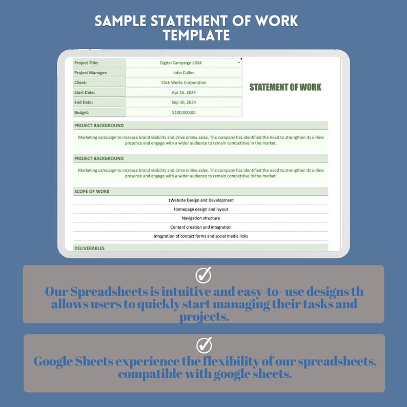 Sample Statement of Work Template, Digital Download, Editable Word Doc ...