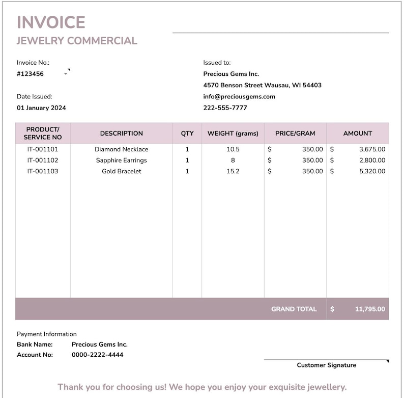 Jewelry Commercial Invoice Template, Editable Digital Download, Google Sheets, Business Billing ...