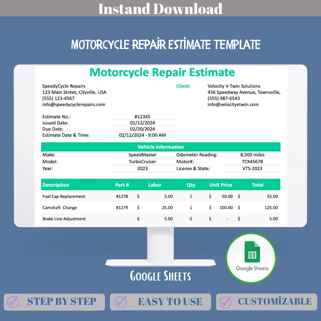 Motorcycle Repair Estimate Template, Google Sheets, Editable Service ...