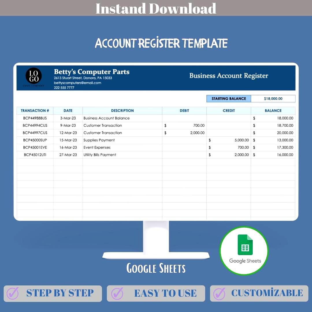 Account Register Ledger for Small Business, Google Sheets Template to ...