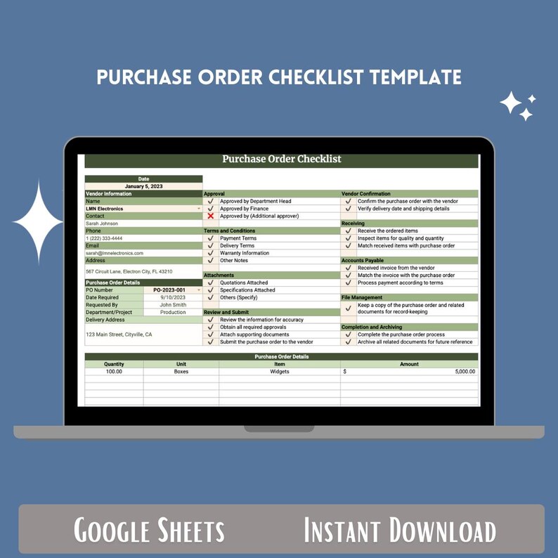 Purchase Order Checklist Template,digital Download, Editable Excel or ...