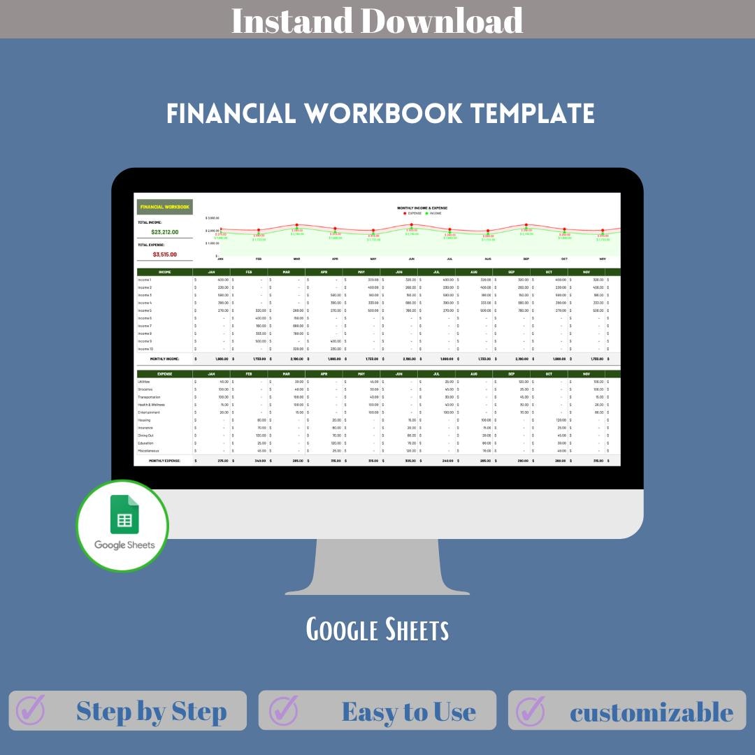 Financial Workbook Template, Digital Download, Editable Excel or Google ...