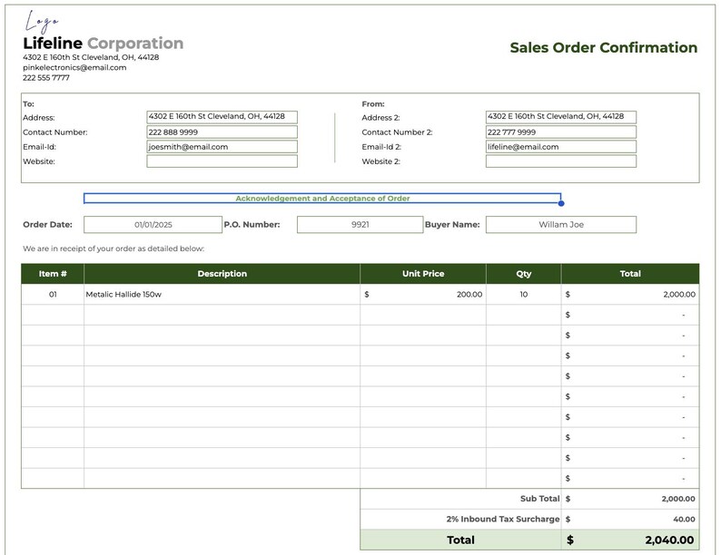 Sales Order Confirmation Google Sheets Template for Small Business ...