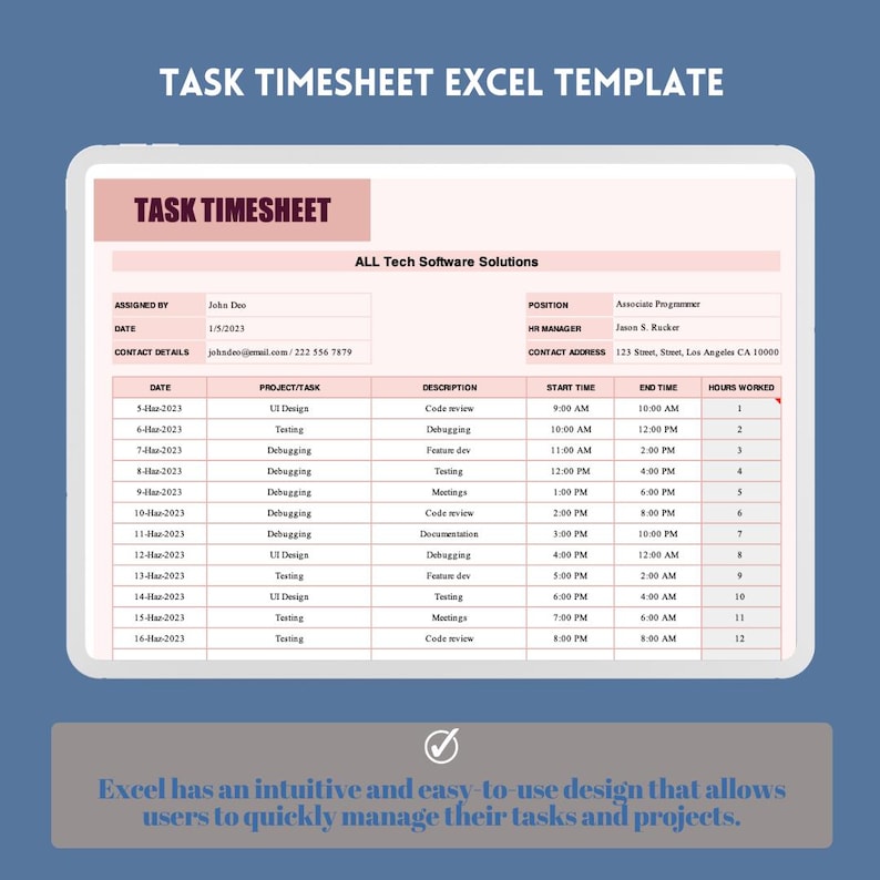 Task Timesheet Excel Template, Track Work Hours, Monitor Task Durations ...