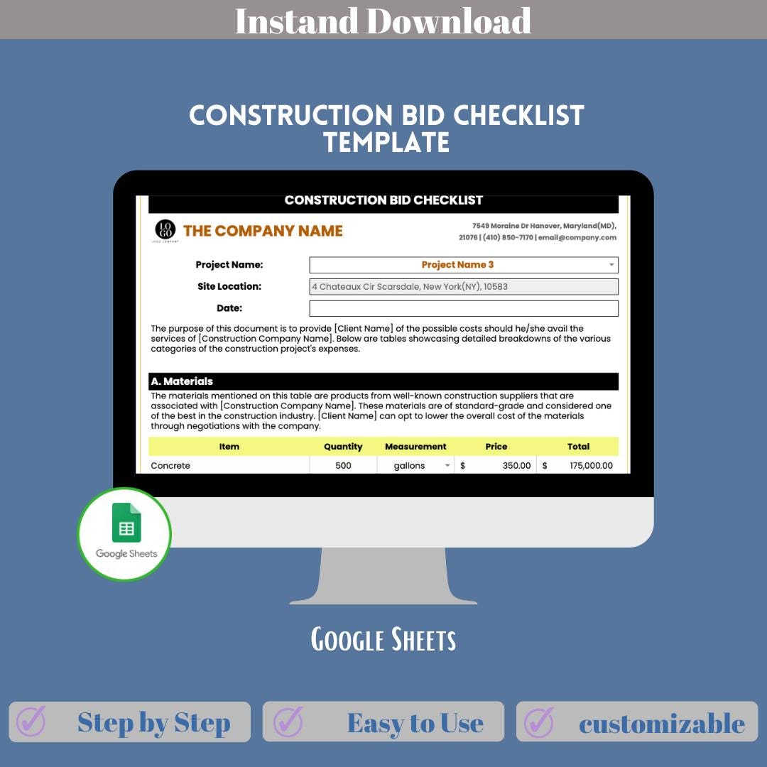Construction Bid Checklist Template,digital Download,editable Excel or ...
