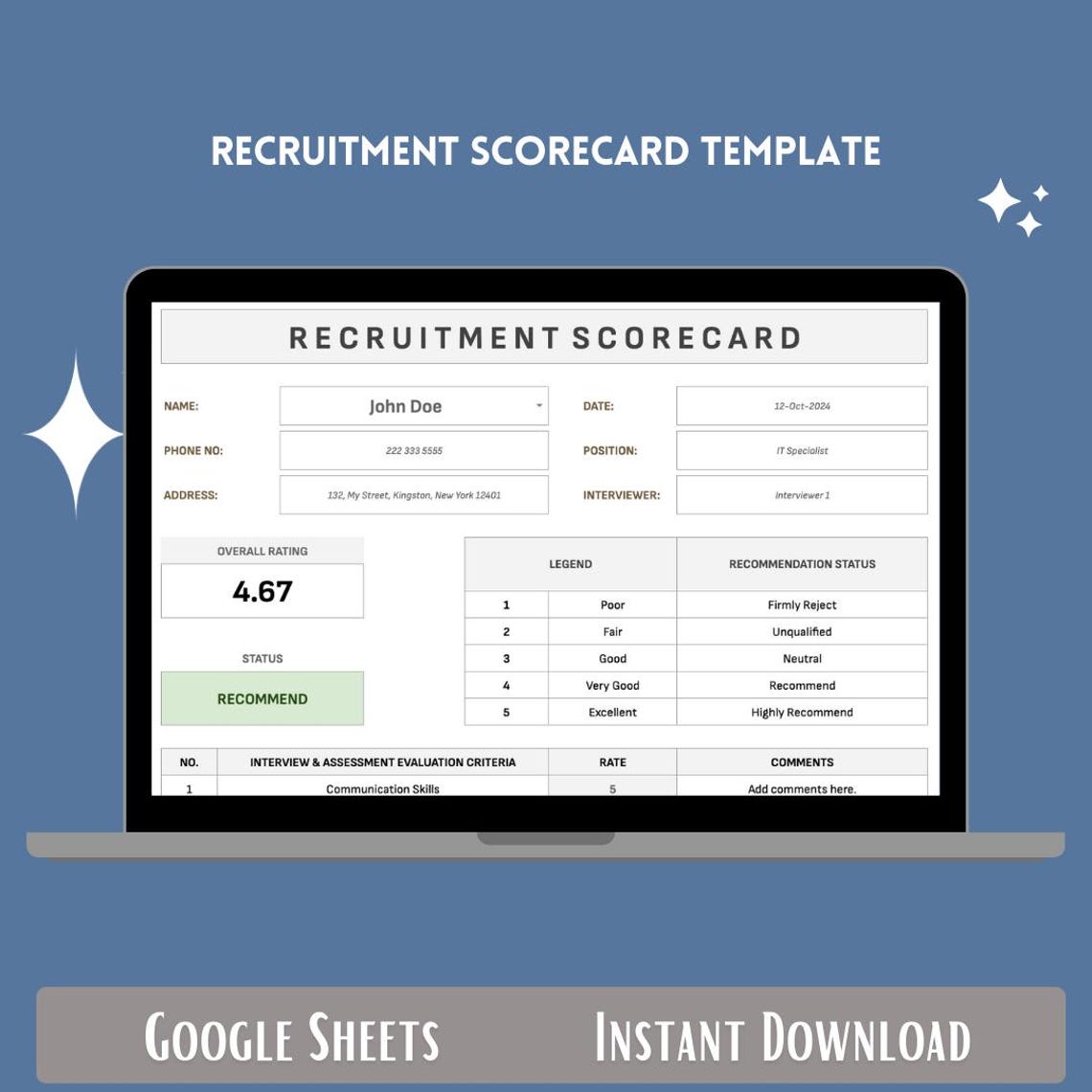 Recruitment Scorecard Template, Google Sheets, Hiring Evaluation ...