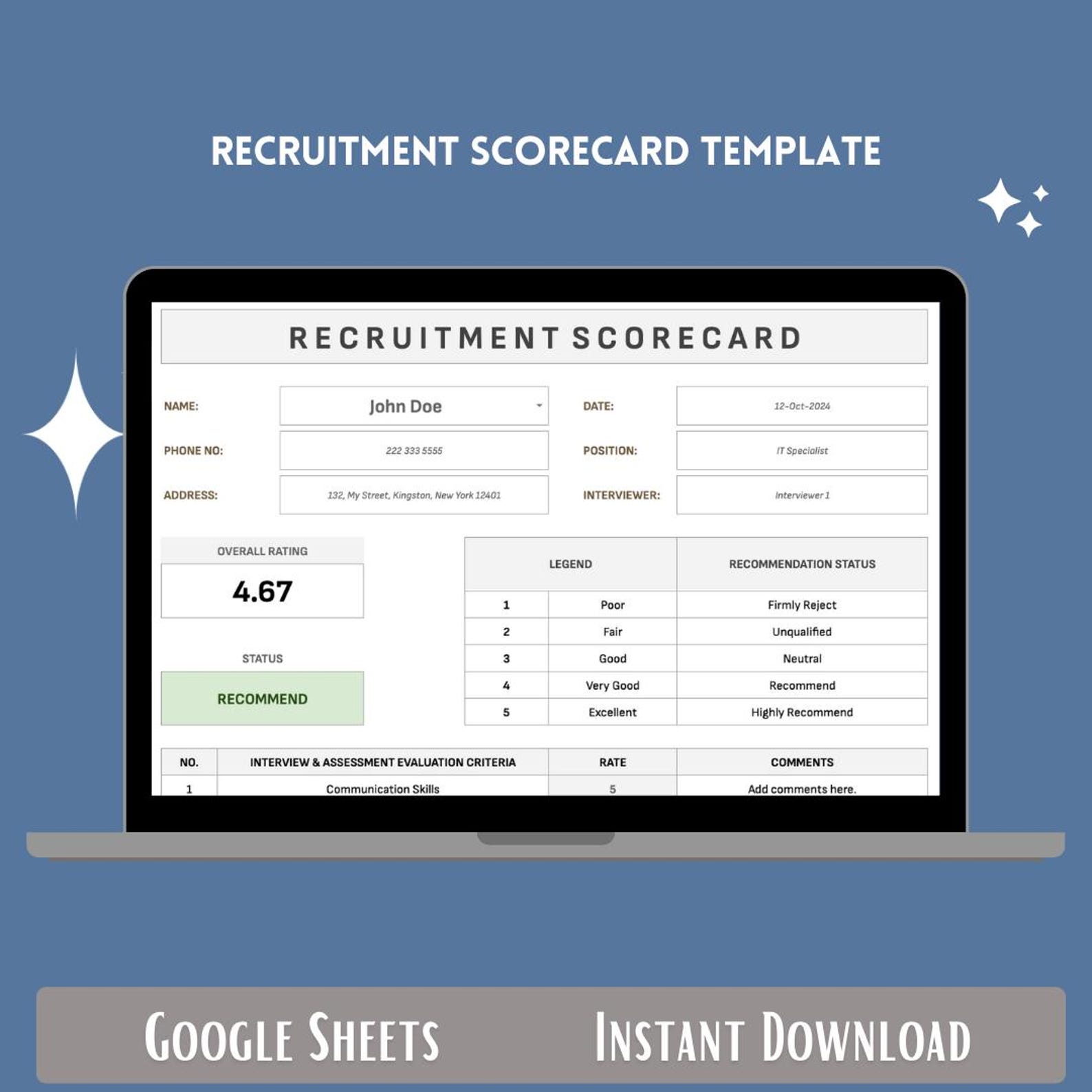 Recruitment Scorecard Template, Google Sheets, Hiring Evaluation ...