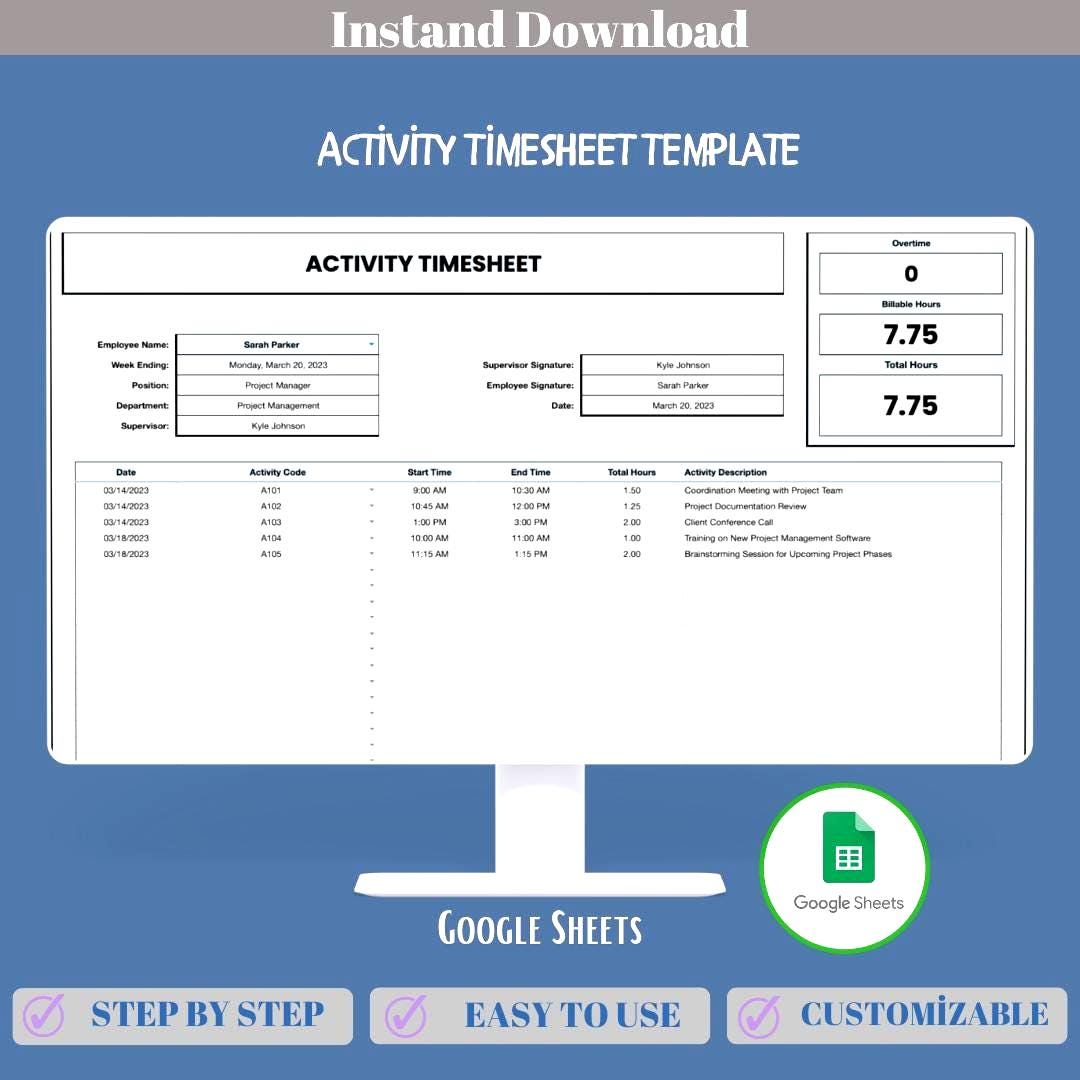 Activity Timesheet Google Sheets Task Time Tracker Work Activity Log ...