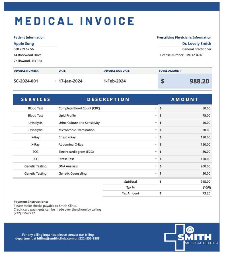 Medical Lab Services Invoice Template,editable Digital Download,google ...