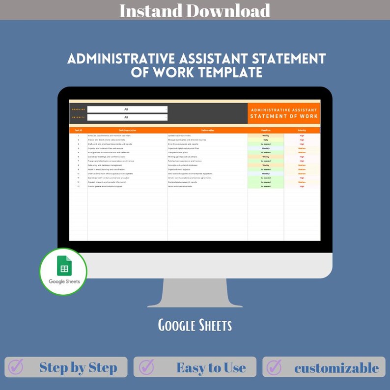 Administrative Assistant Statement of Work Template, Editable Word Doc ...