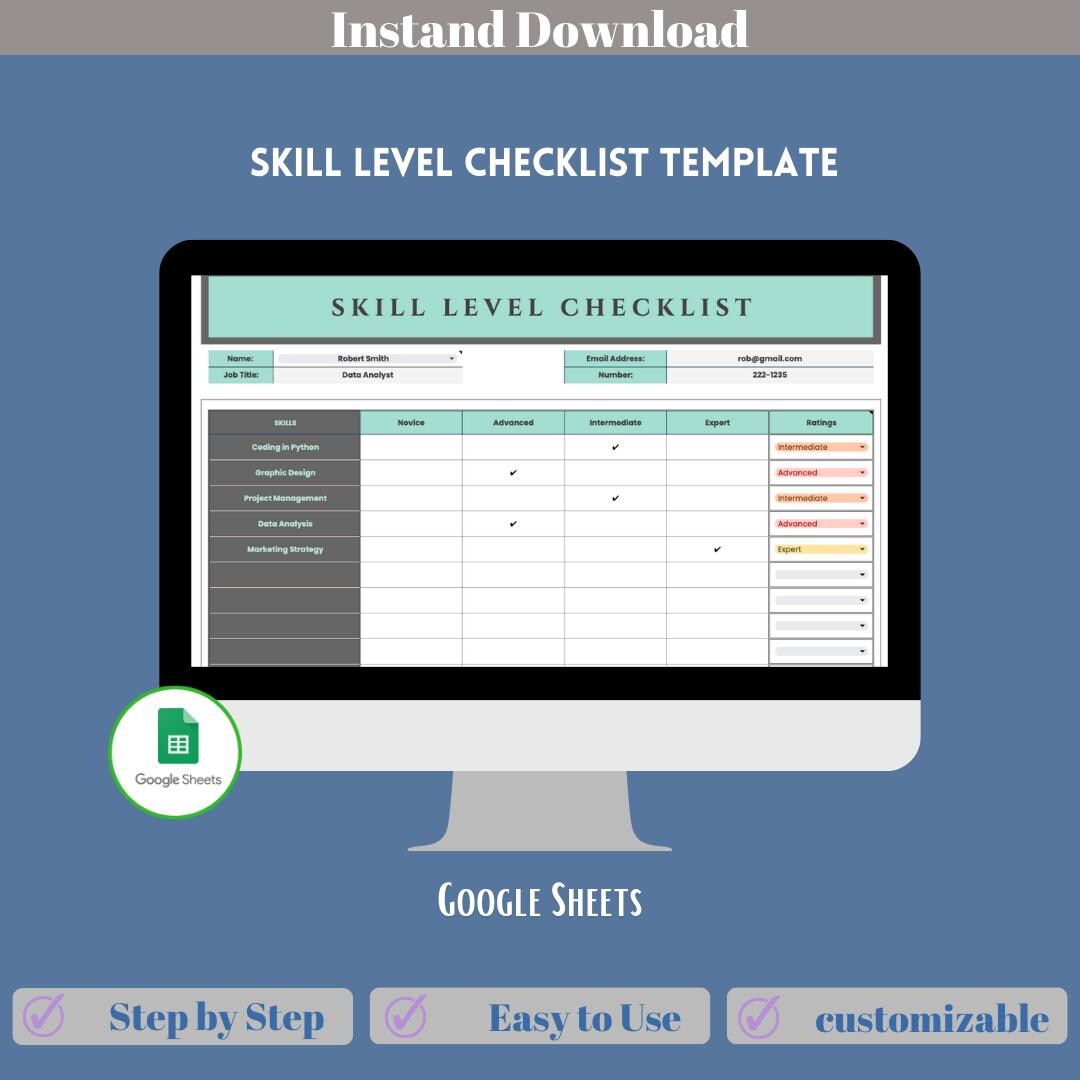 Skill Level Checklist Template, Digital Download, Editable Excel or ...