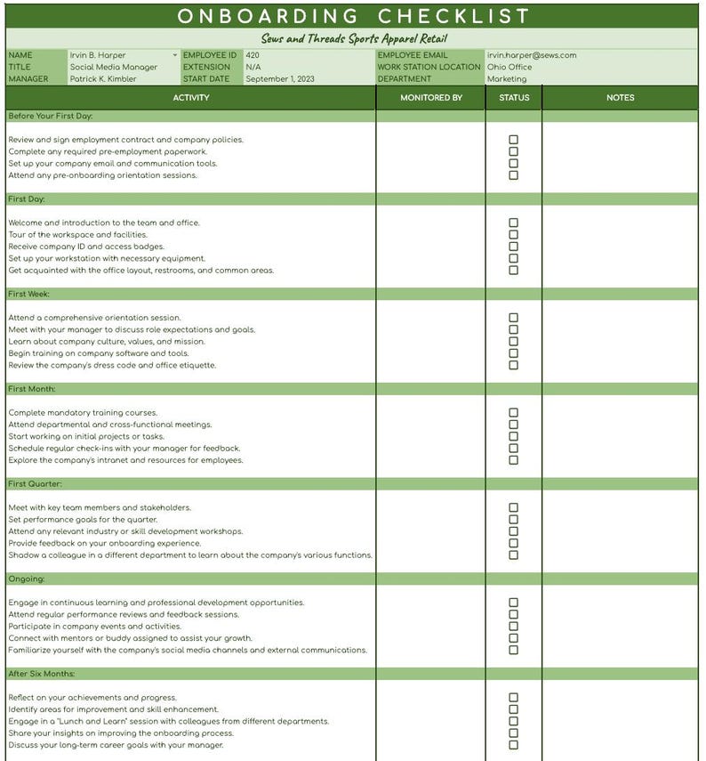 Onboarding Checklist Template for Small Business in Google Sheets, Easy ...
