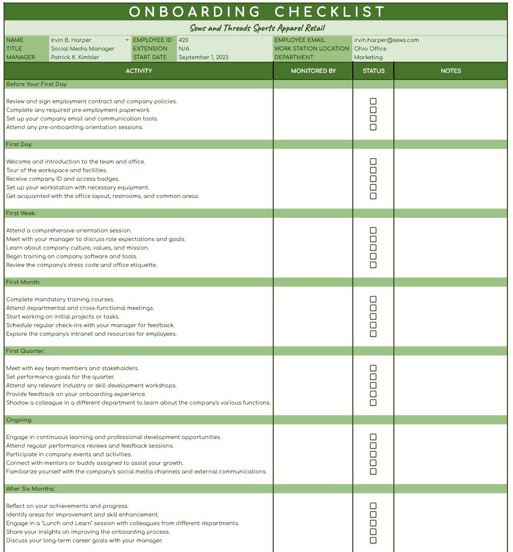 Onboarding Checklist Template for Small Business in Google Sheets, Easy ...