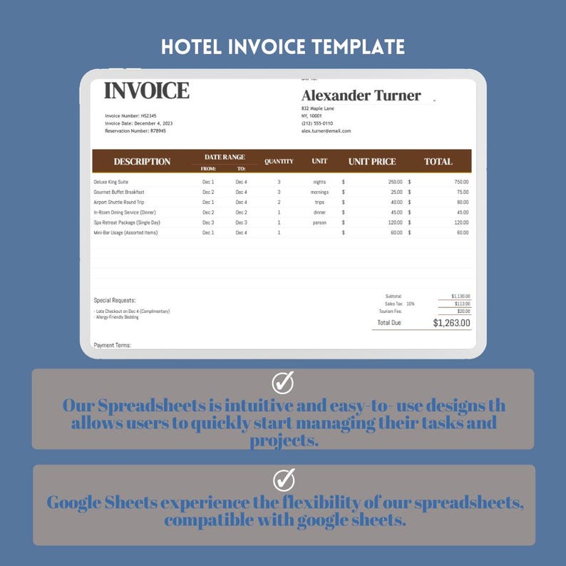 Hotel Invoice Google Sheets Template for Billing, Guest Reservations ...