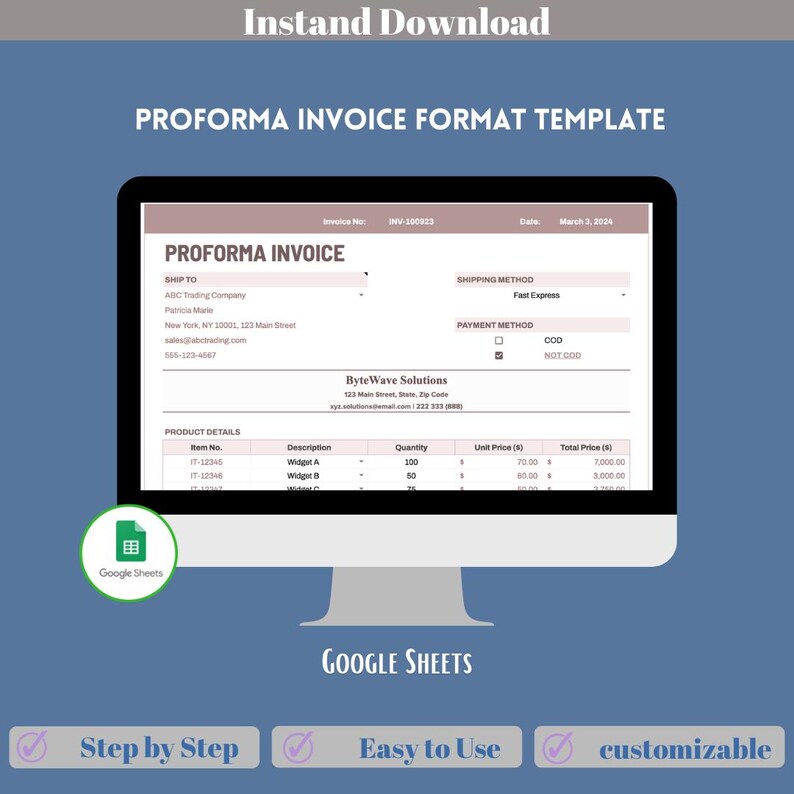 Proforma Invoice Format Template, Professional Sales Document, Client ...