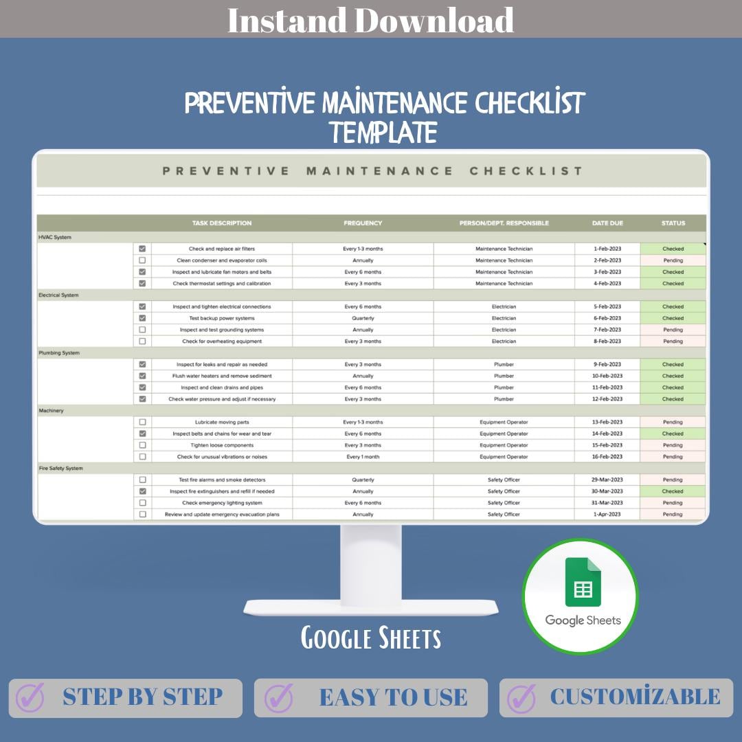 Preventive Maintenance Checklist Template, Digital Download, Editable ...