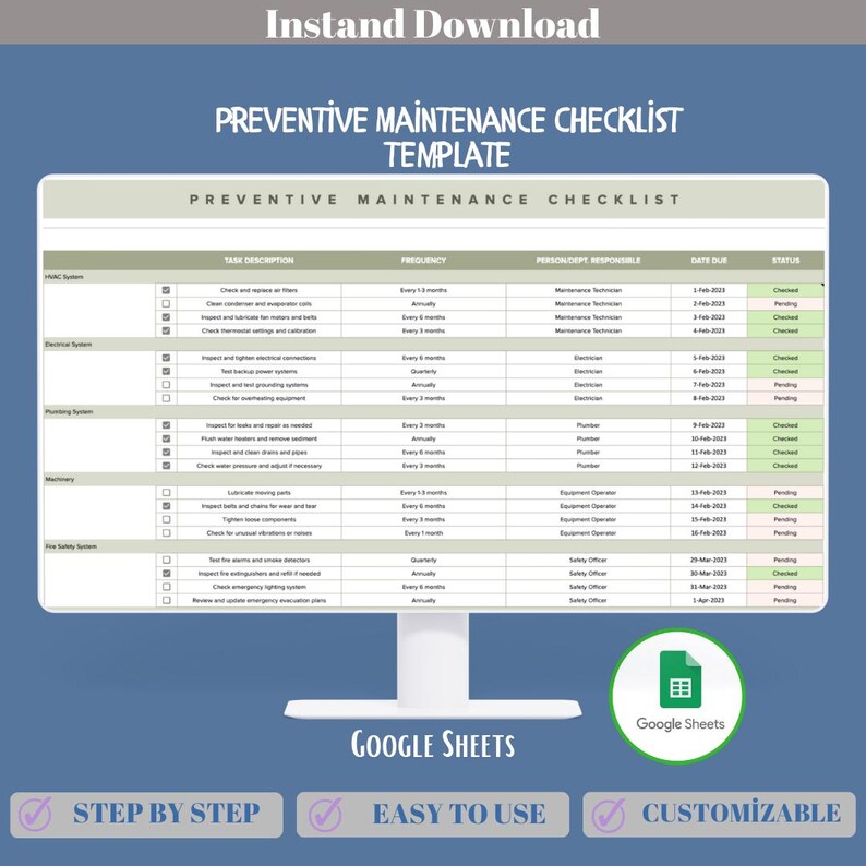 Preventive Maintenance Checklist Template, Digital Download, Editable ...