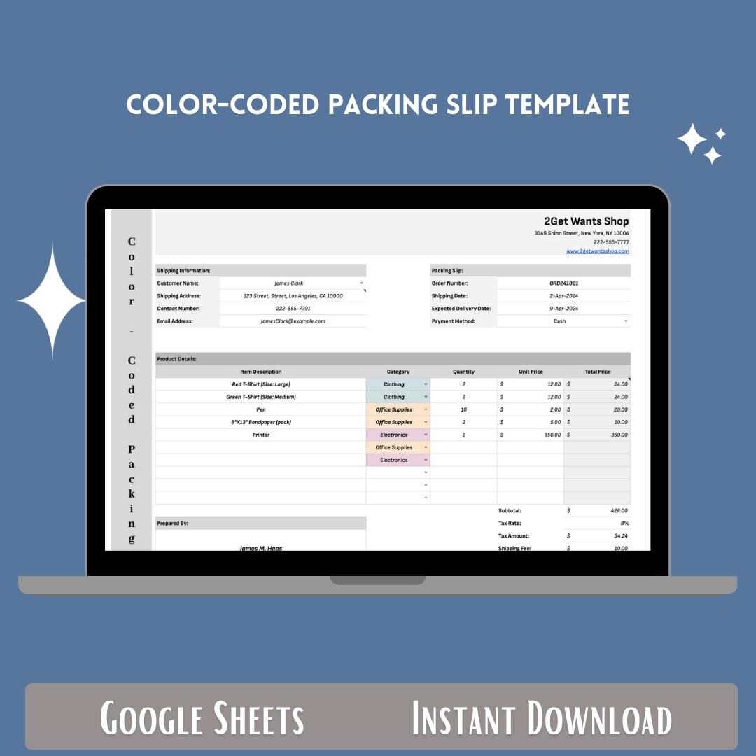 Color-coded Packing Slip Template, Digital Download, Editable Excel or ...