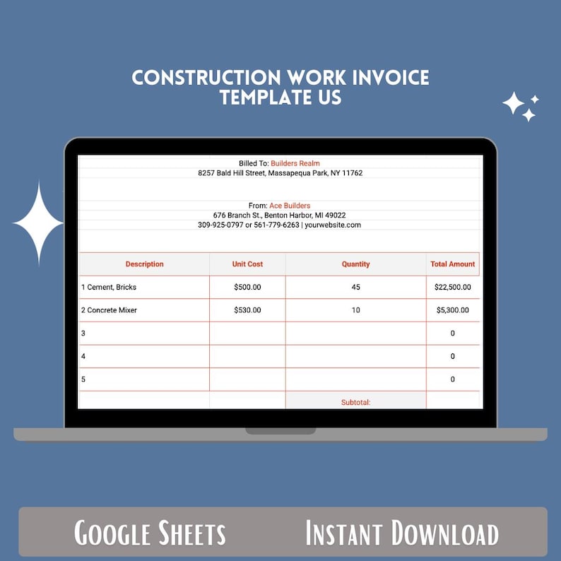 Construction Work Invoice Template US, Editable Easy-to-use Google ...