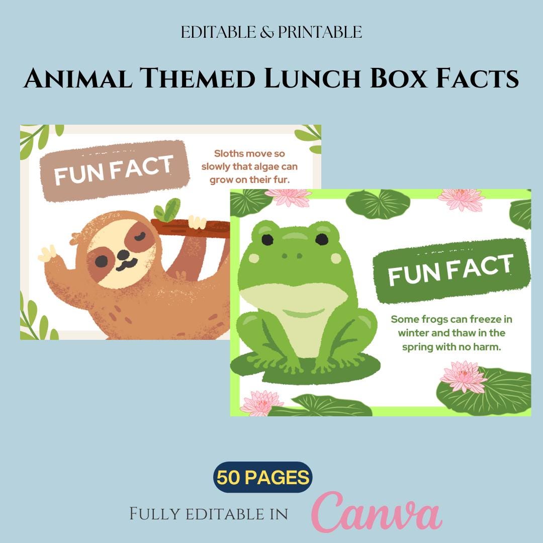 Animal Themed Lunch Box Facts for Students, Canva Editable Template ...