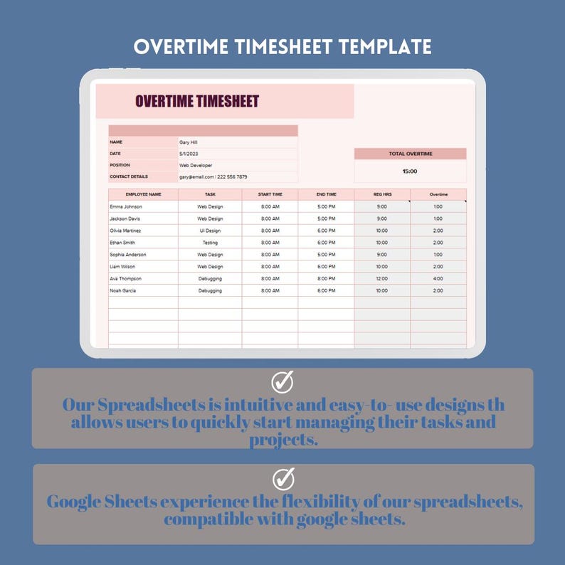Overtime Timesheet Template,employee Hours, Overtime Tracking, Payroll ...