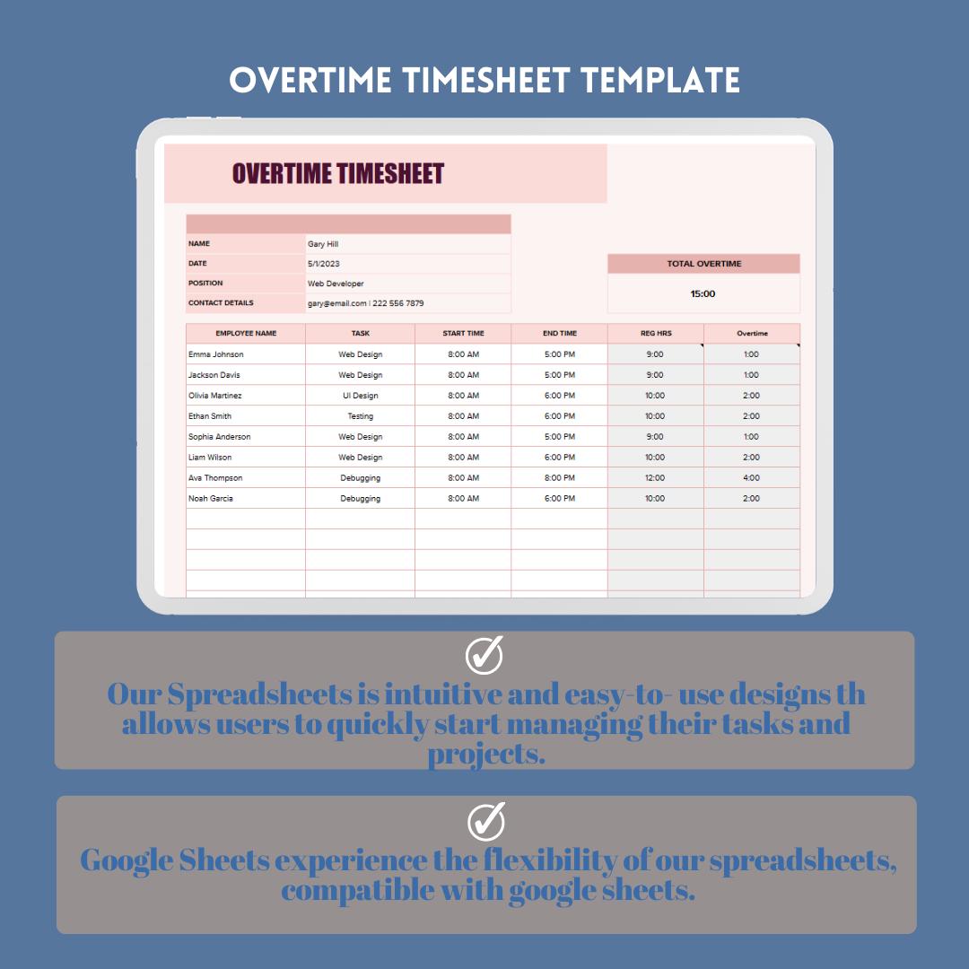 Overtime Timesheet Template,employee Hours, Overtime Tracking, Payroll Management, Work Hours ...