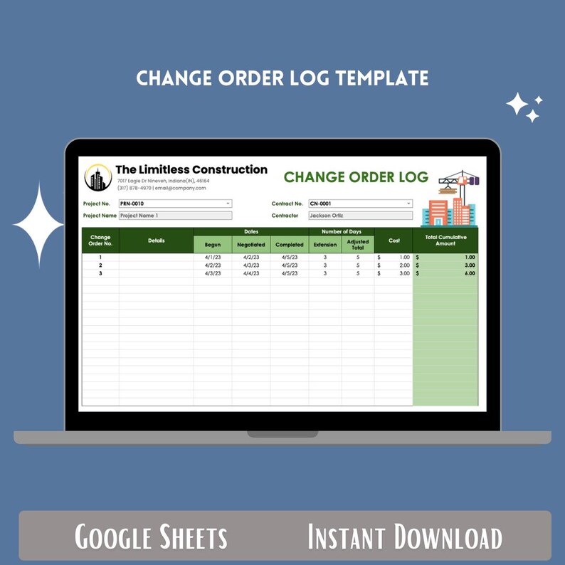 Change Order Log Template Google Sheets, Editable Construction Contract ...