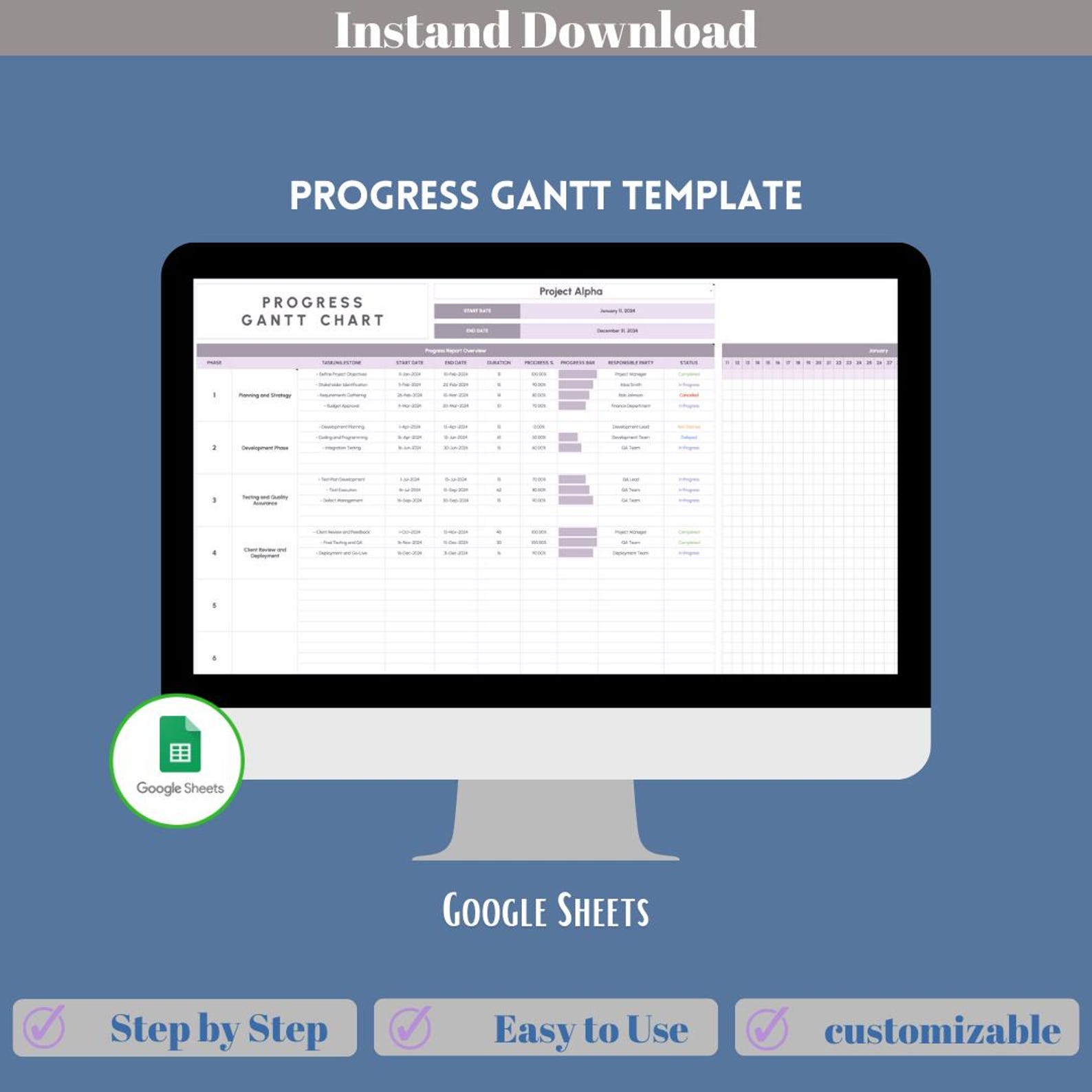 Progress Gantt Template, Google Sheets, Project Timeline, Milestone ...