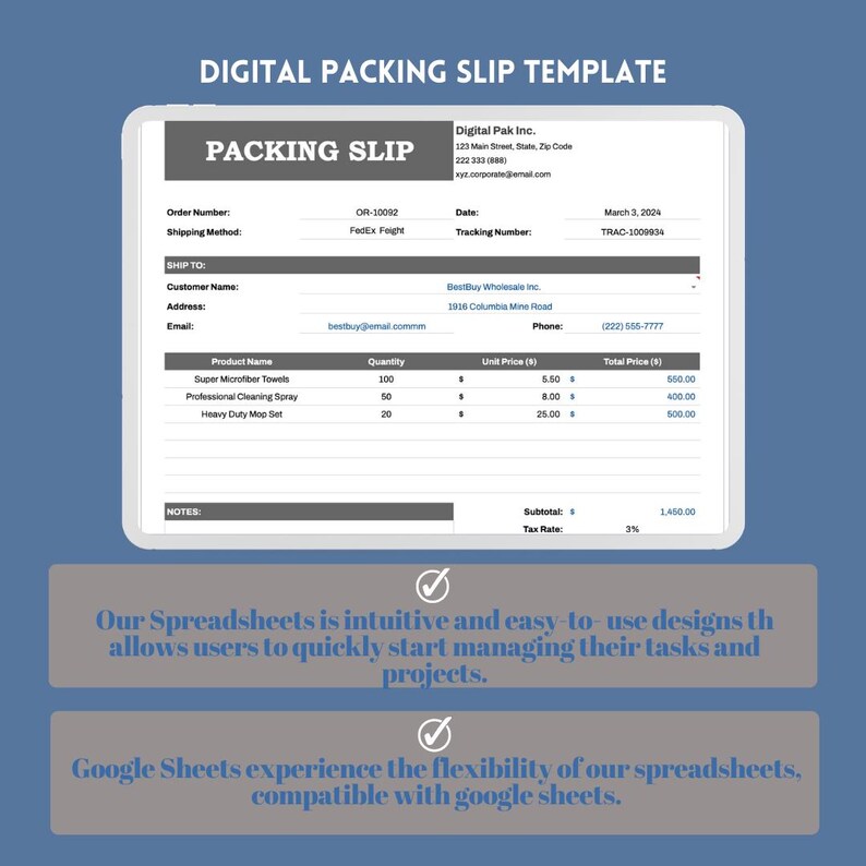 Digital Packing Slip Template, Digital Download, Editable Excel or ...
