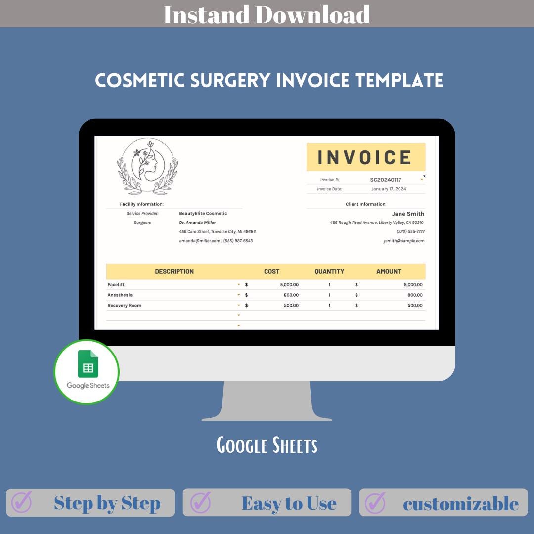 Cosmetic Surgery Invoice Template,digital Download,google Sheets ...