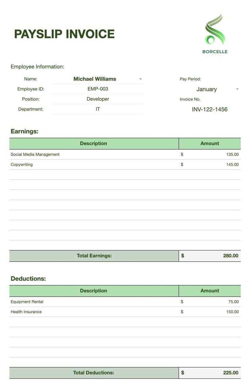 Payslip Invoice Google Sheets Template for Employee Salary Breakdown ...