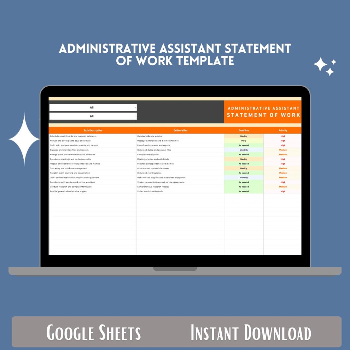 Administrative Assistant Statement of Work Template, Editable Word Doc ...