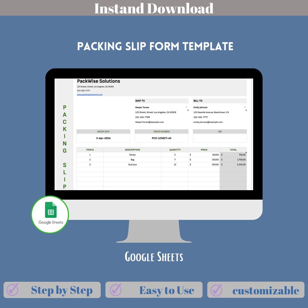 Packing Slip Form Template, Printable Shipping Document, Google Sheets ...