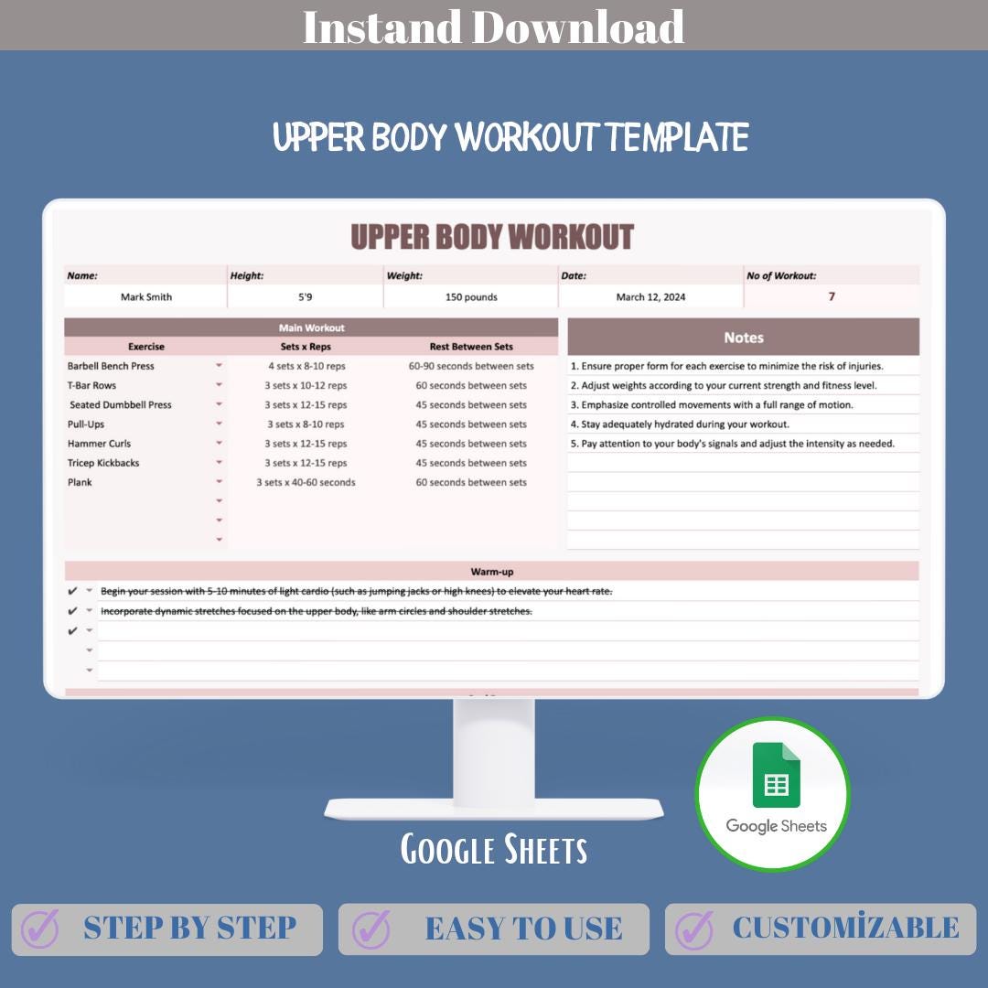Upper Body Workout Template, Digital Download, Editable Google Sheets ...