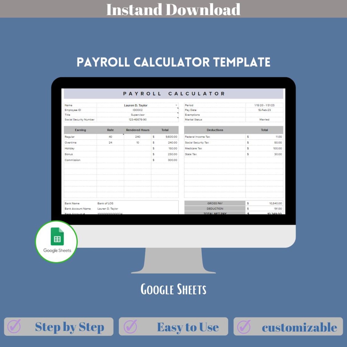 Payroll Calculator Template,employee Payroll, Salary Calculation, Tax ...