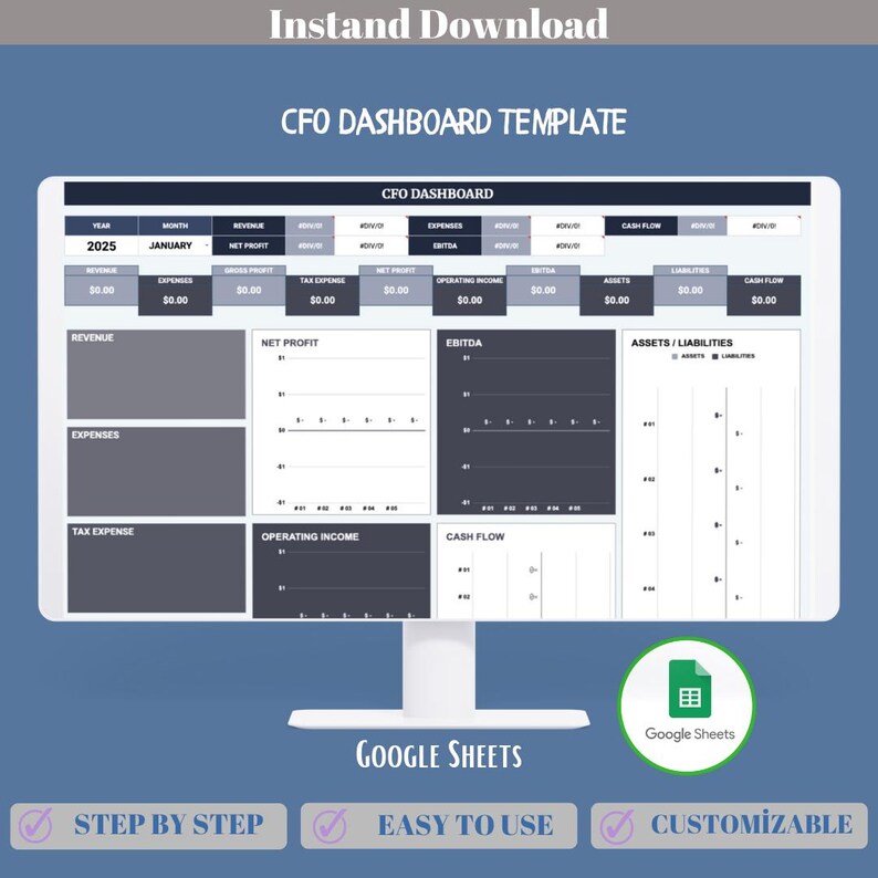 CFO Dashboard Google Sheets Template, Editable Financial Kpis Tracker ...