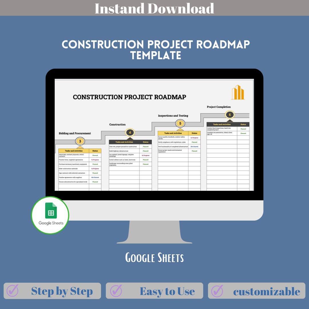 Construction Project Roadmap Template, Digital Download, Editable Excel ...