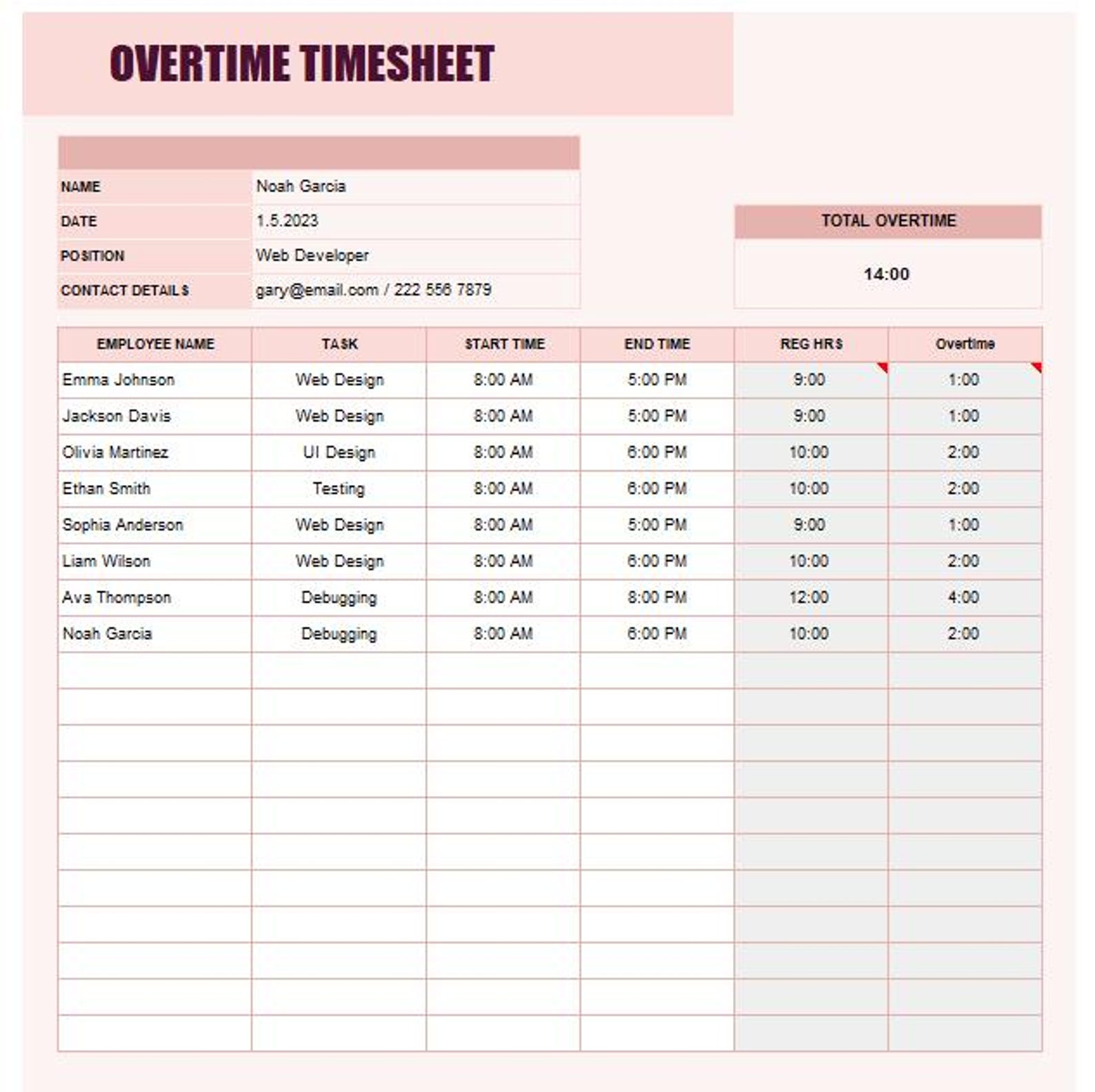 Overtime Timesheet Excel Template for Tracking Extra Work Hours ...