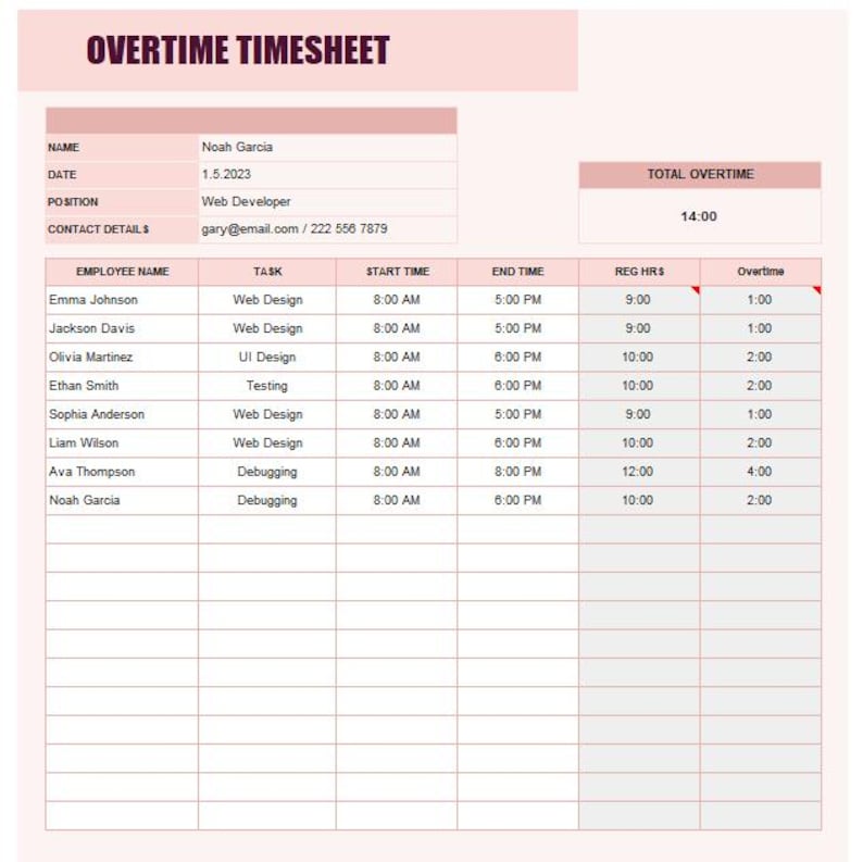 Overtime Timesheet Excel Template for Tracking Extra Work Hours, Calculating Pay, and Managing ...