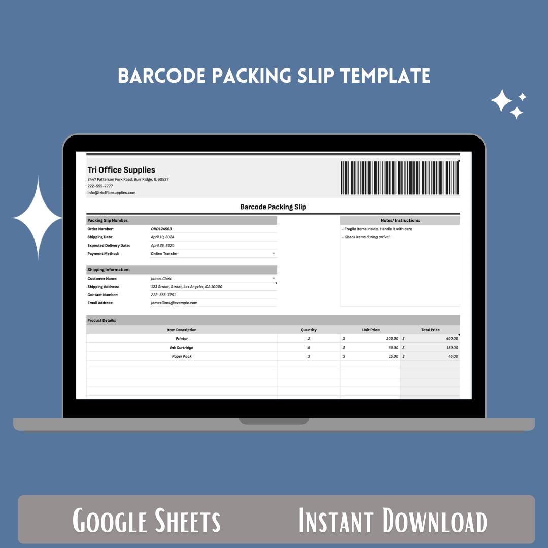 Barcode Packing Slip Template, Digital Download, Editable Excel or ...
