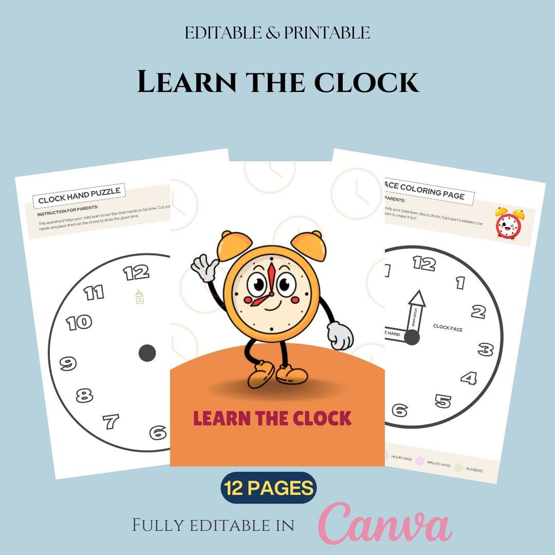 Learn the Clock Printable Worksheet Pack, Telling Time Practice Pages ...