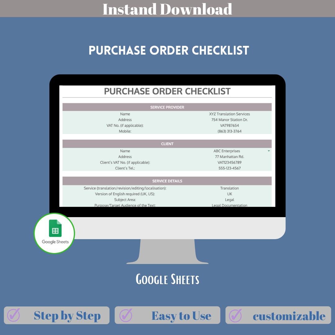 Purchase Order Checklist Template, Digital Download, Editable Excel or Google Sheets, Track ...