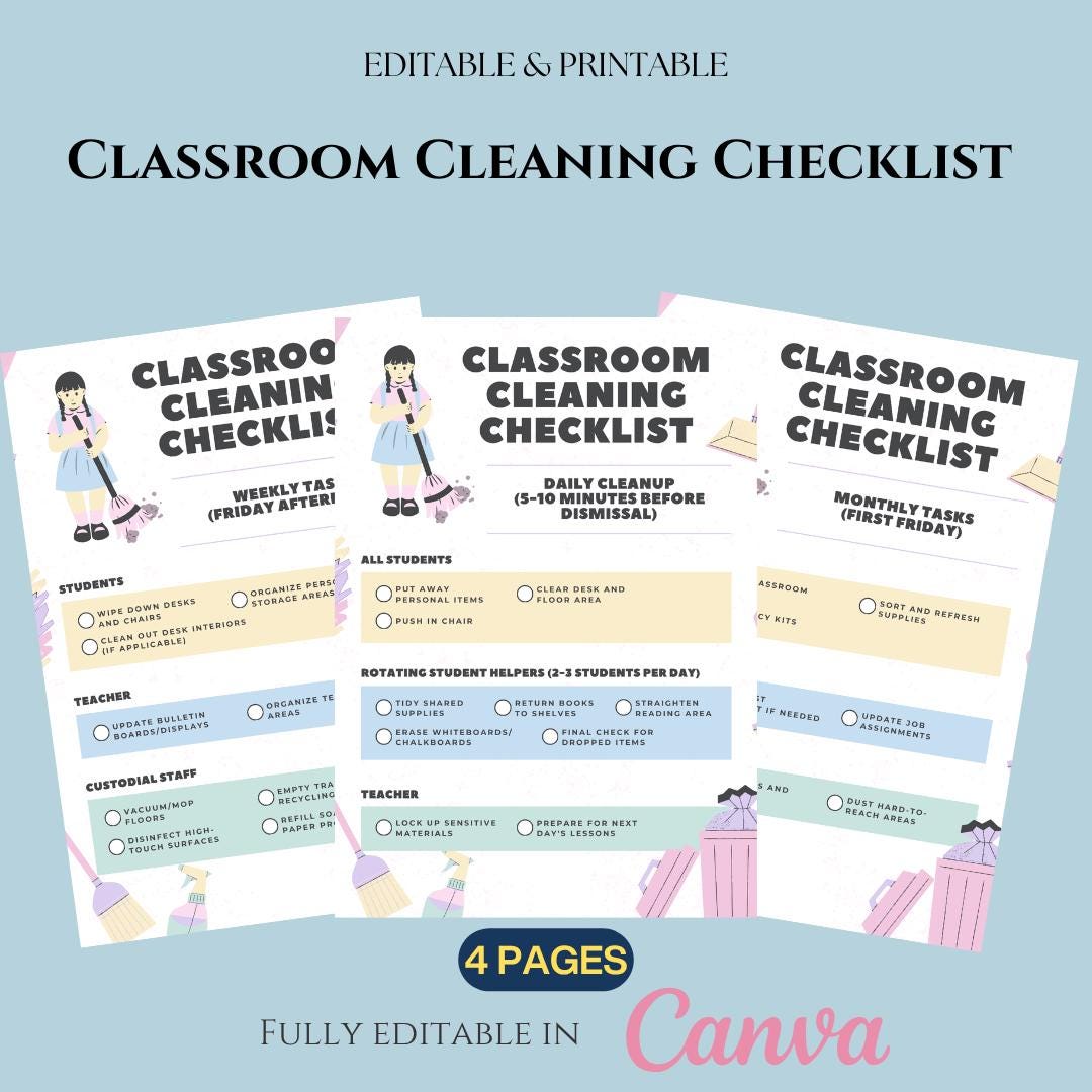 Classroom Cleaning Checklist, Canva Editable Template, School Chore ...
